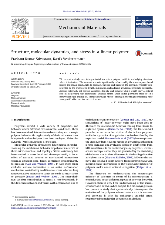 (PDF) Structure, molecular dynamics, and stress in a linear polymer
