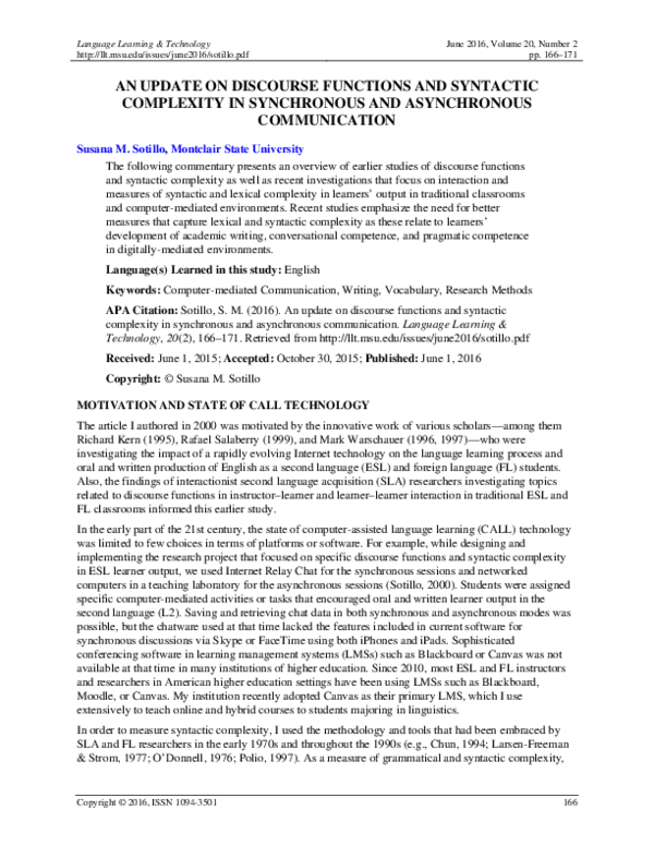 Pdf An Update On Discourse Functions And Syntactic Complexity In Synchronous And Asynchronous
