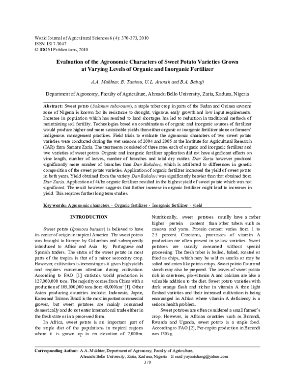 (PDF) Evaluation of the Agronomic Characters of Sweet Potato Varieties Grown at Varying Levels ...