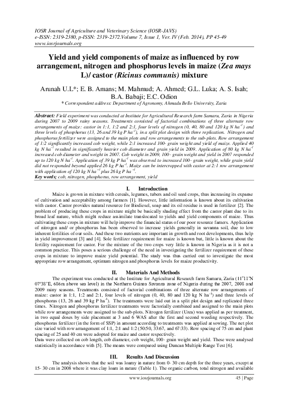 (PDF) Yield and yield components of maize as influenced by row arrangement, nitrogen and ...
