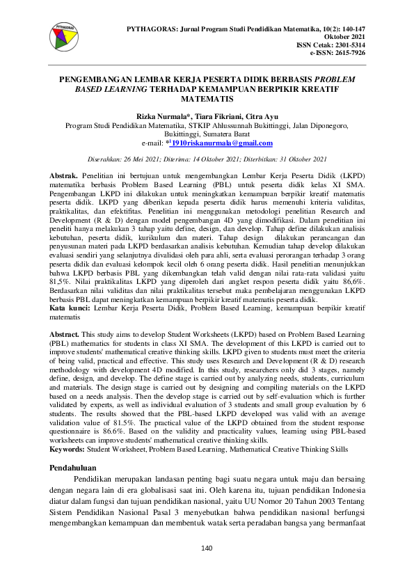 (PDF) Pengembangan Lembar Kerja Peserta Didik Berbasis Problem Based Learning Terhadap Kemampuan ...