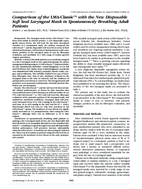(PDF) Comparison of the LMA-Classic ™ with the New Disposable Soft Seal ...