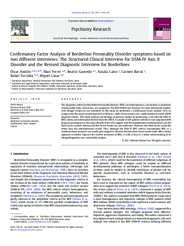 (PDF) Confirmatory Factor Analysis of Borderline Personality Disorder ...