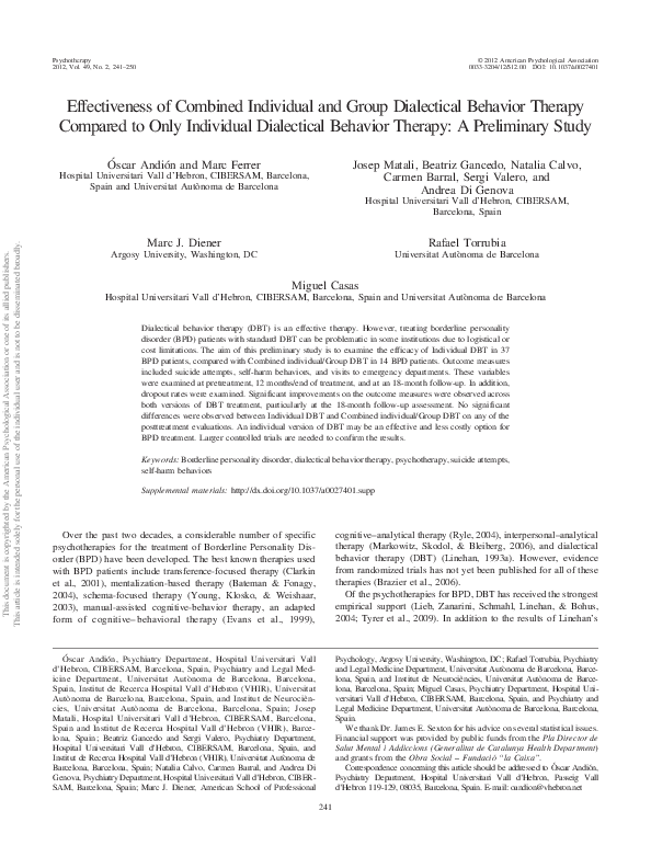 (PDF) Effectiveness of combined individual and group dialectical behavior therapy compared to ...
