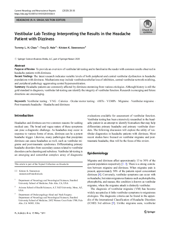 (PDF) Vestibular Lab Testing: Interpreting the Results in the Headache ...
