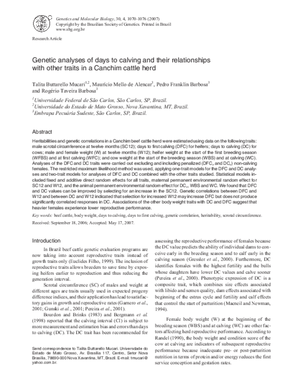 (PDF) Genetic analyses of days to calving and their relationships with ...