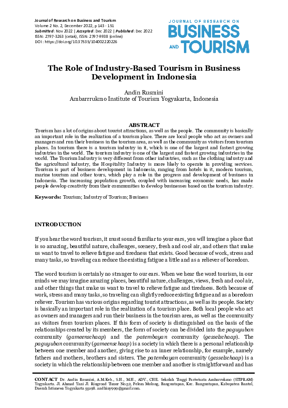 (PDF) The Role of Industry-Based Tourism in Business Development in ...