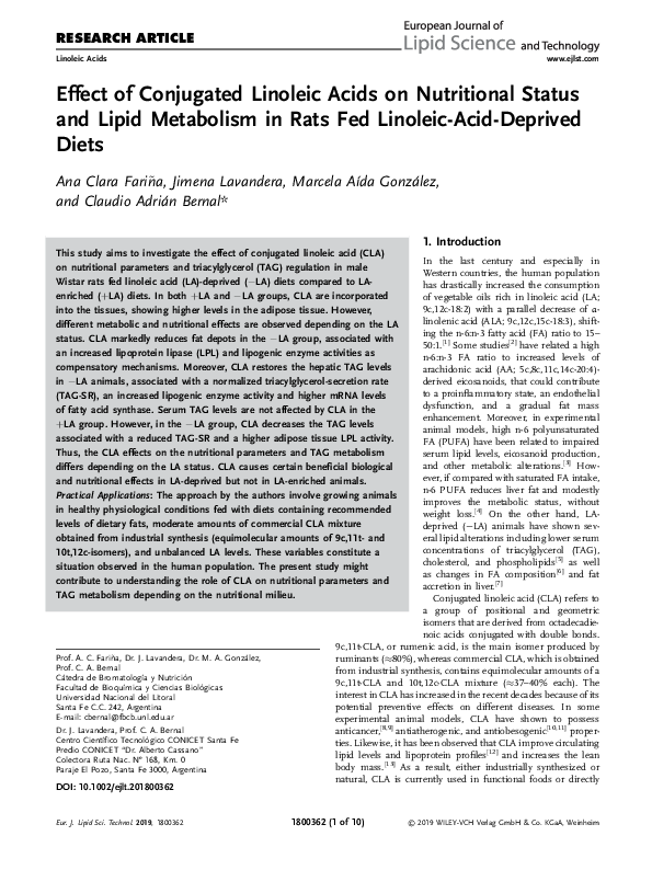 (PDF) Effect of Conjugated Linoleic Acids on Nutritional Status and ...