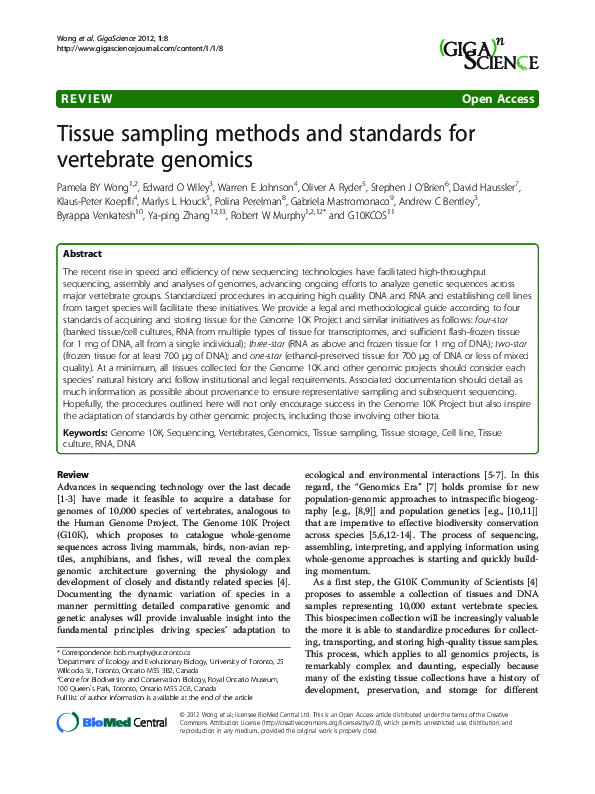 (PDF) Tissue sampling methods and standards for vertebrate genomics