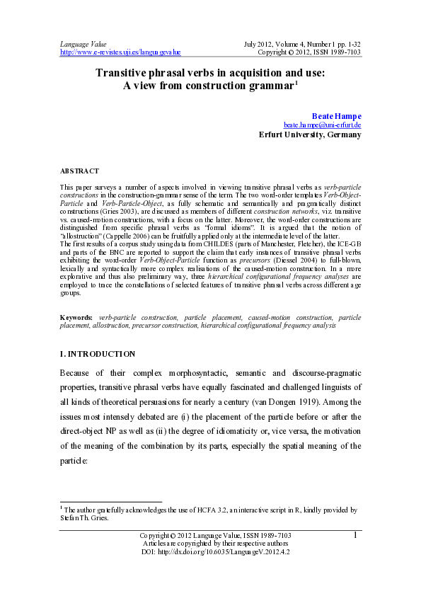 (PDF) Transitive phrasal verbs in acquisition and use: A view from construction grammar | Beate ...