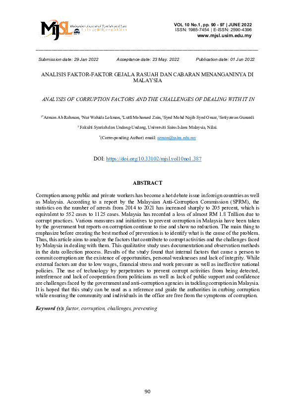 (PDF) Analisis Faktor-Faktor Gejala Rasuah Dan Cabaran Menanganinya DI ...
