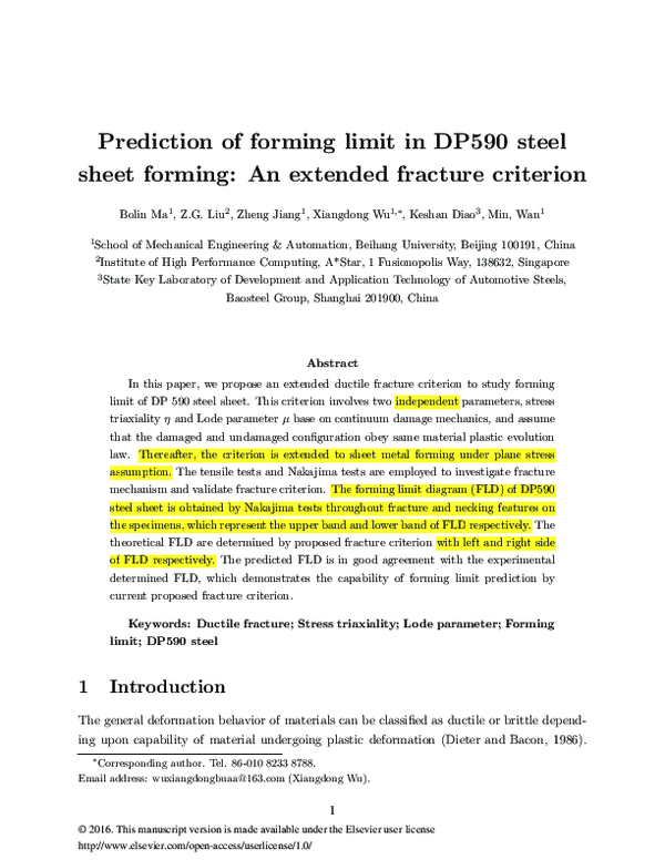 (PDF) Prediction of forming limit in DP590 steel sheet forming: An extended fracture criterion