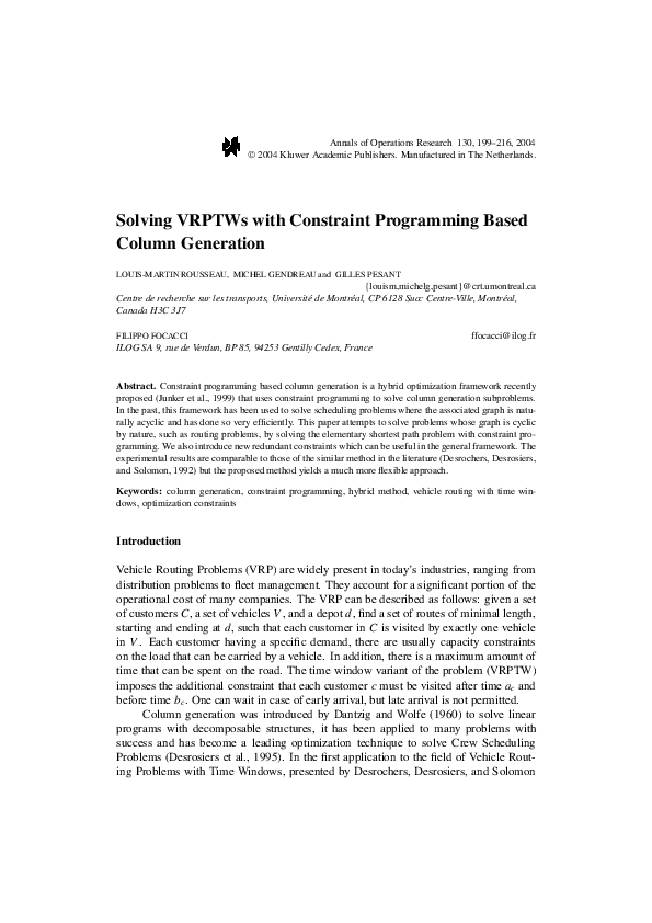 (PDF) Solving VRPTWs with Constraint Programming Based Column Generation