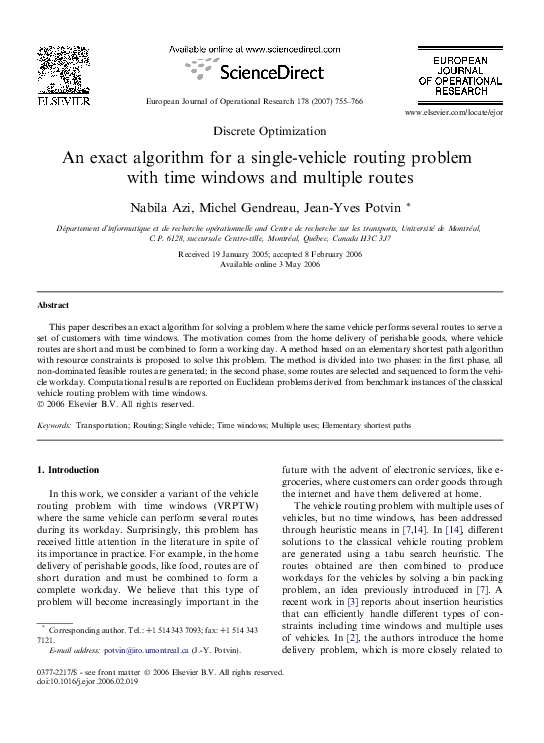 Pdf An Exact Algorithm For A Single Vehicle Routing Problem With Time Windows And Multiple Routes