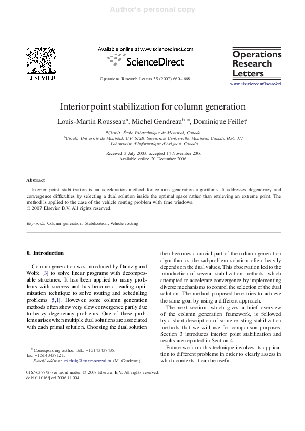 (PDF) Interior point stabilization for column generation