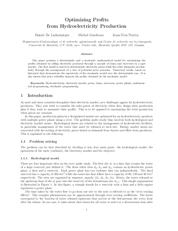 (PDF) Optimizing profits from hydroelectricity production | Michel ... (PDF) Optimizing profits from hydroelectricity production | Michel ...
