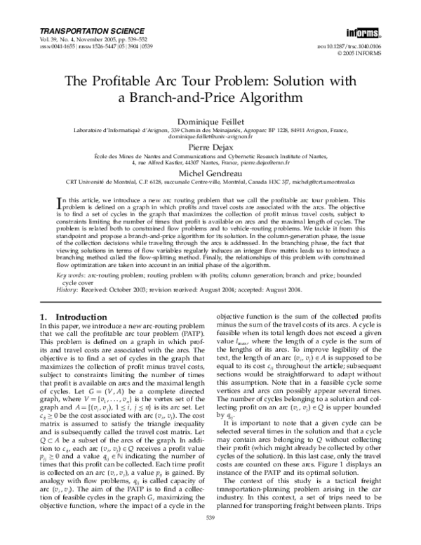 (PDF) The Profitable Arc Tour Problem: Solution with a Branch-and-Price ...