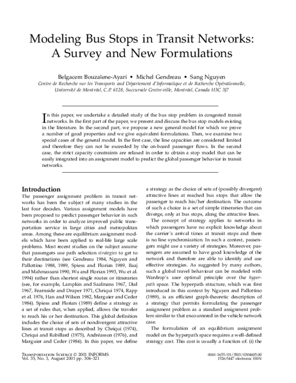 Pdf Modeling Bus Stops In Transit Networks A Survey And New Formulations