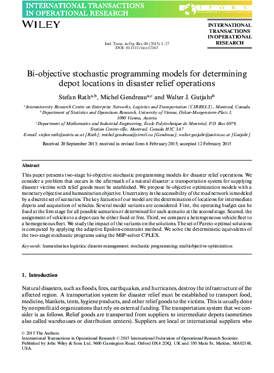 Pdf Bi Objective Stochastic Programming Models For Determining Depot