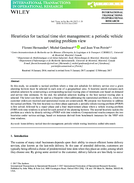 (PDF) Heuristics for tactical time slot management: a periodic vehicle ...