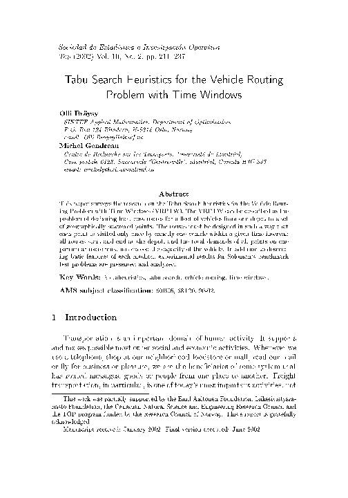 Pdf Tabu Search Heuristics For The Vehicle Routing Problem With Time Windows