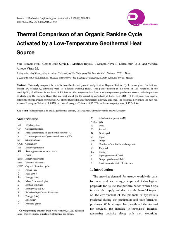 (PDF) Thermal Comparison of an Organic Rankine Cycle Activated by a Low-Temperature Geothermal ...
