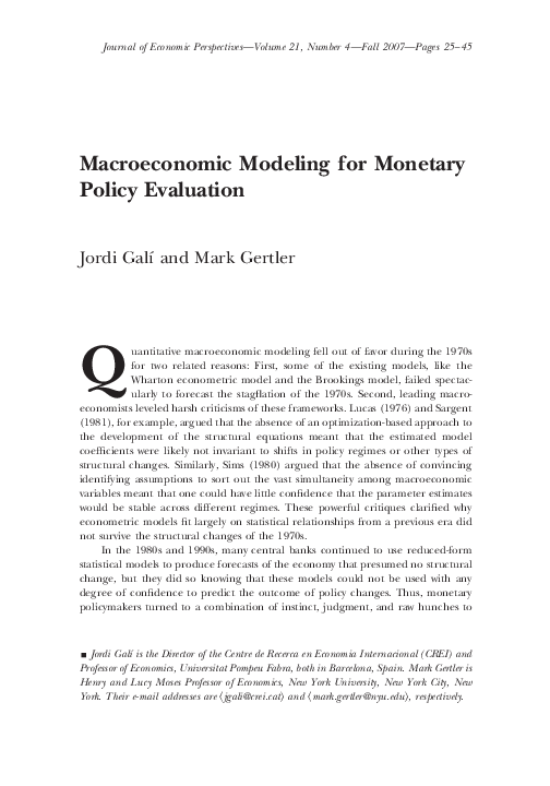 (PDF) Macroeconomic Modeling for Monetary Policy Evaluation