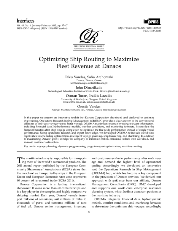 (PDF) Optimizing Ship Routing to Maximize Fleet Revenue at Danaos