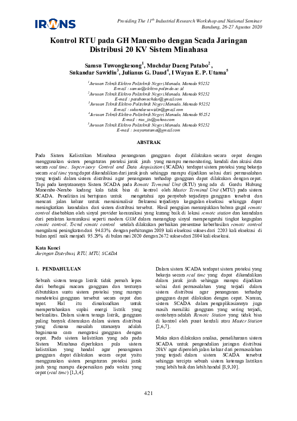 (PDF) RTU Control in GH Manembo by SCADA 20 KV Distribution Network Minahasa Systems