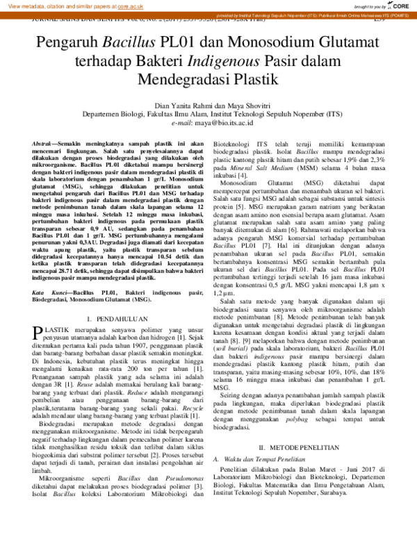(PDF) Pengaruh Bacillus PL01 dan Monosodium Glutamat terhadap Bakteri Indigenous Pasir dalam ...