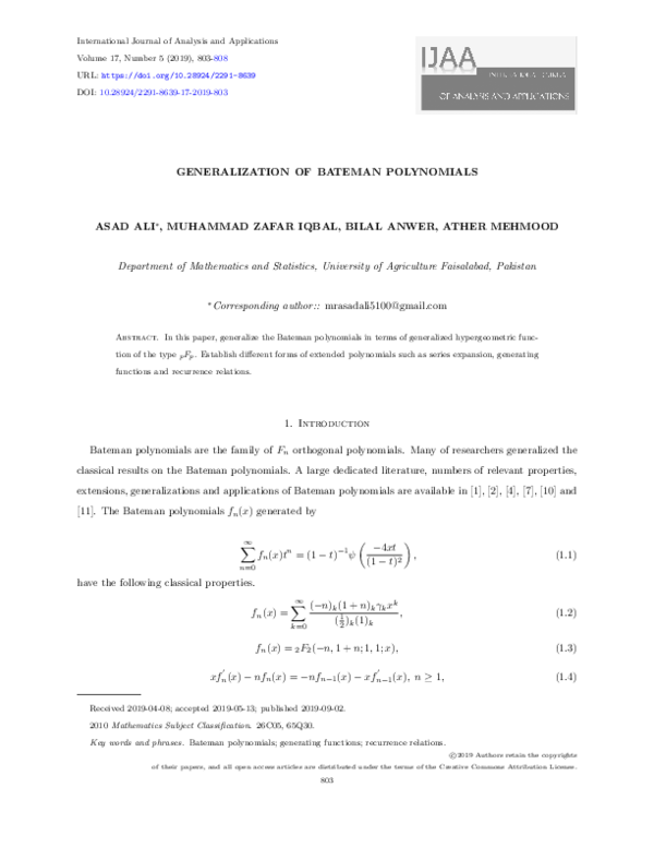 (PDF) Generalization of Bateman Polynomials