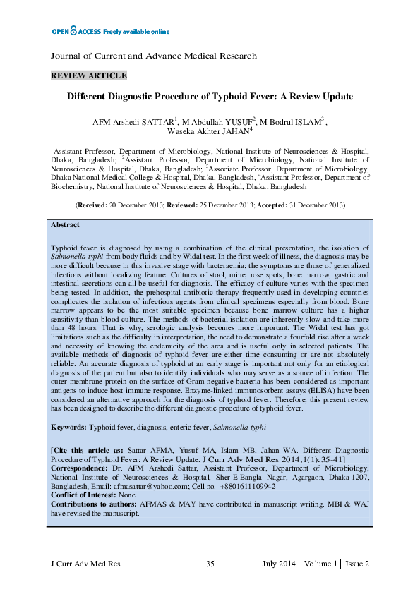 (PDF) Different Diagnostic Procedure of Typhoid Fever: A Review Update