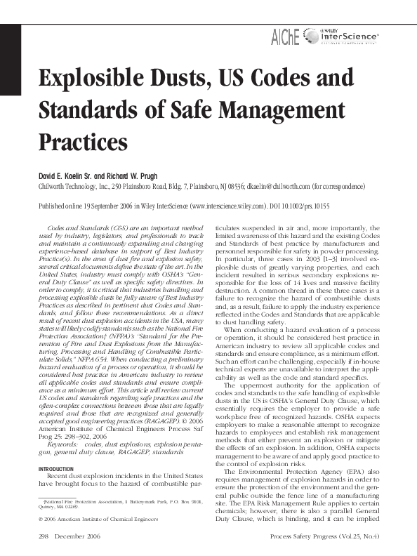 (PDF) US Standards for Safe Management of Explosible Dusts