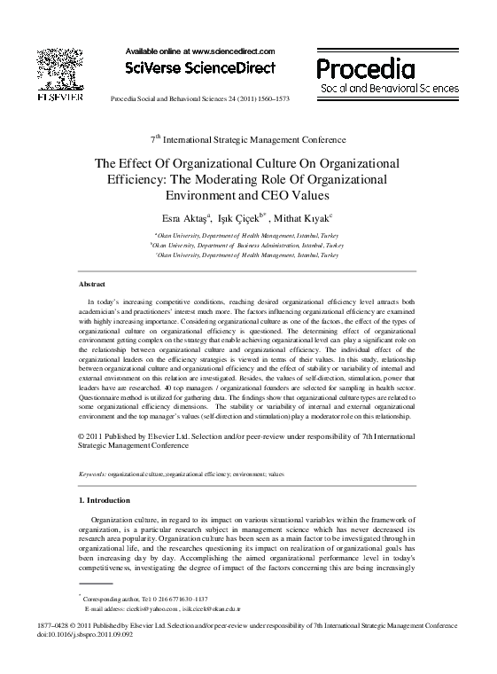 (PDF) The Effect Of Organizational Culture On Organizational Efficiency ...