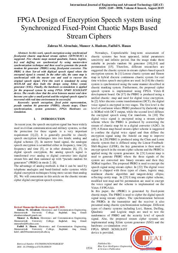 (PDF) FPGA Design of Encryption Speech system using Synchronized Fixed-Point Chaotic Maps Based ...