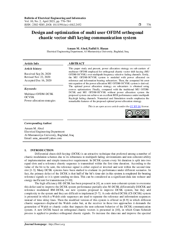 (PDF) Design and optimization of multi user OFDM orthogonal chaotic vector shift keying ...