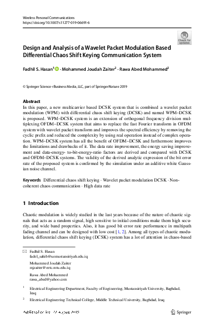 (PDF) Design and Analysis of a Wavelet Packet Modulation Based Differential Chaos Shift Keying ...