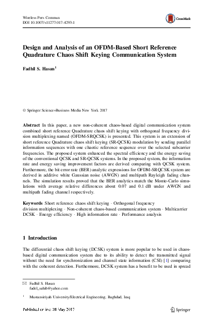 (PDF) Design and Analysis of an OFDM-Based Short Reference Quadrature Chaos Shift Keying ...