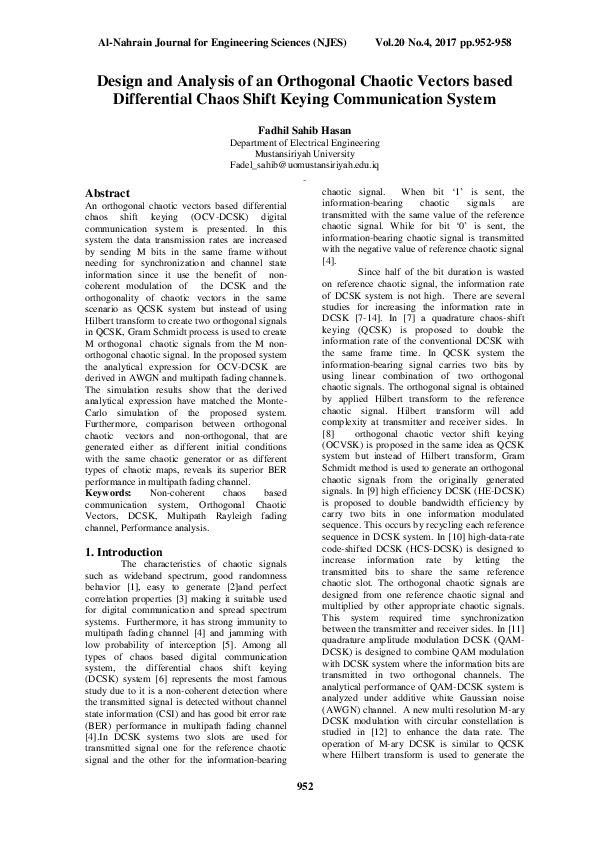 (PDF) Design and Analysis of an Orthogonal Chaotic Vectors based Differential Chaos Shift Keying ...