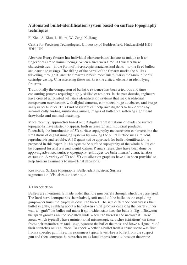 (PDF) Automated bullet-identification system based on surface topography techniques