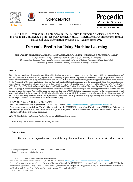 (PDF) Dementia Prediction Using Machine Learning