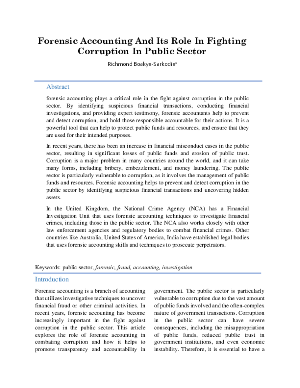 (PDF) Forensic Accounting And Its Role In Fighting Corruption In Public Sector