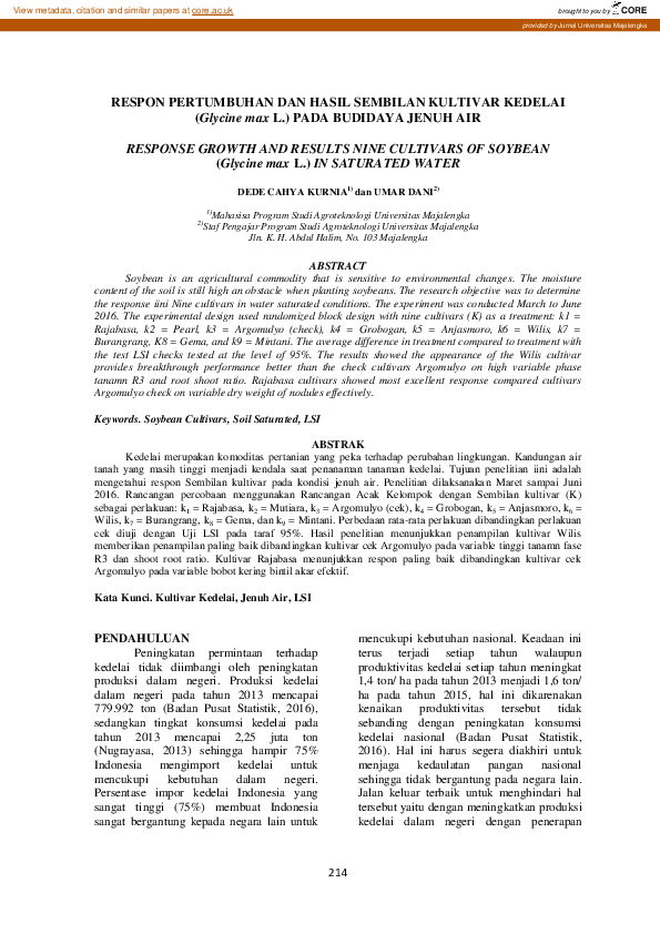 (PDF) RESPON PERTUMBUHAN DAN HASIL SEMBILAN KULTIVAR KEDELAI (Glycine max L.) PADA BUDIDAYA ...