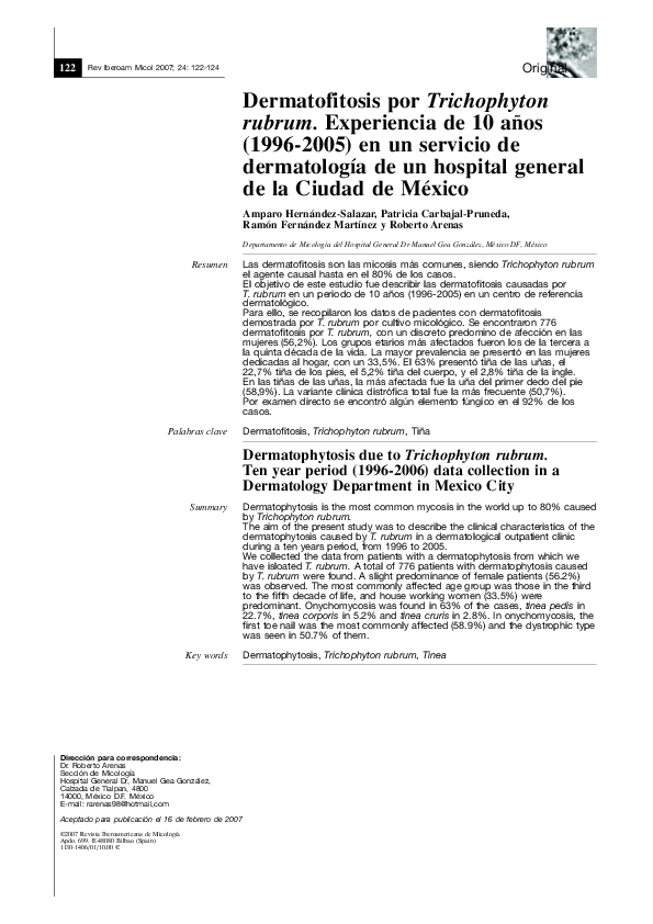 (PDF) Dermatofitosis por Trichophyton rubrum. Experiencia de 10 años ...