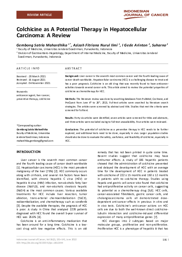 (PDF) Colchicine as A Potential Therapy in Hepatocellular Carcinoma: A Review