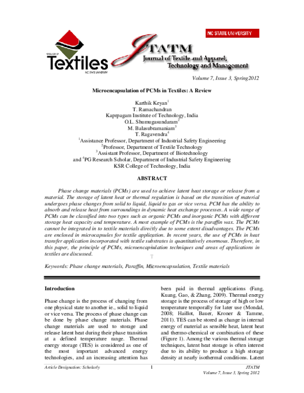 (PDF) Microencapsulation of PCMs in Textiles: A Review
