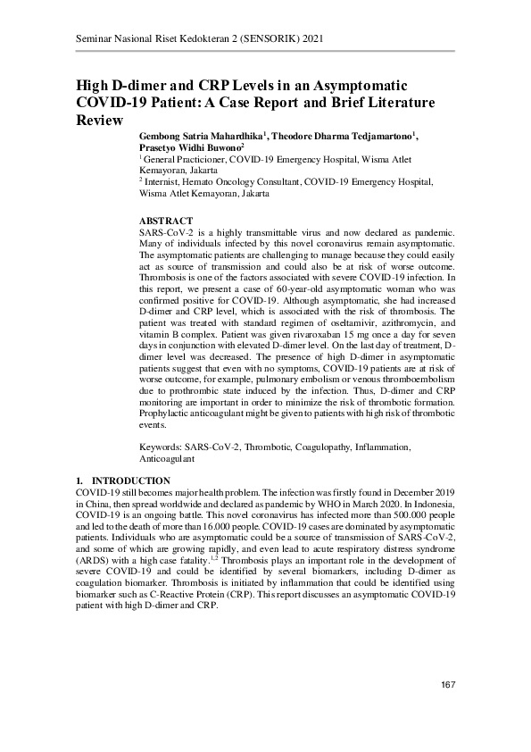 (PDF) High D-dimer and CRP Levels in an Asymptomatic COVID-19 Patient: A Case Report and Brief ...