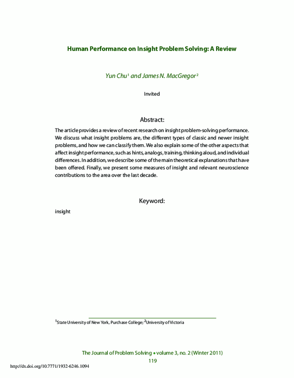 (PDF) Human Performance on Insight Problem Solving: A Review