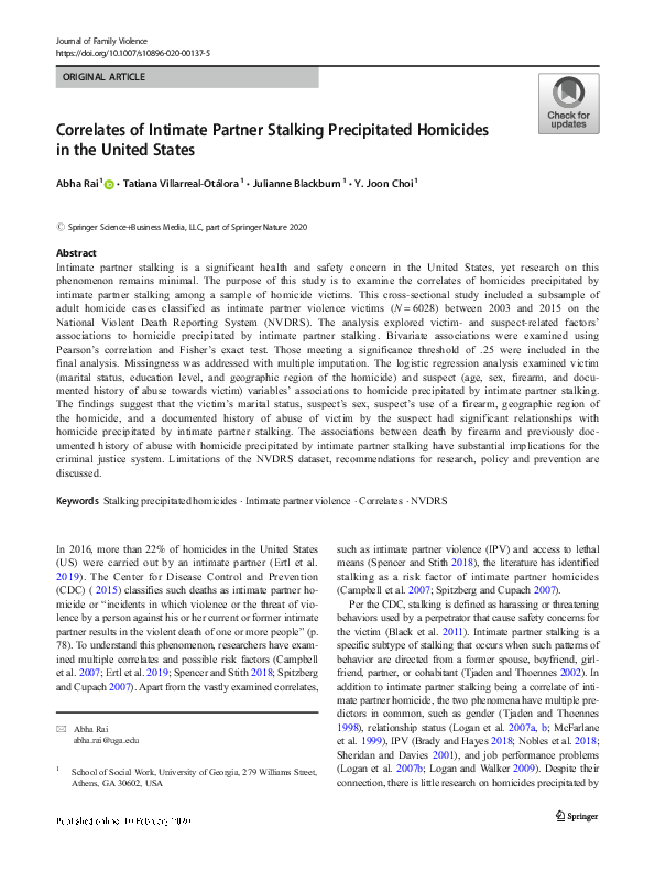 (PDF) Correlates of Intimate Partner Stalking Precipitated Homicides in ...