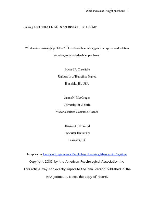 (PDF) What Makes an Insight Problem? The Roles of Heuristics, Goal ...